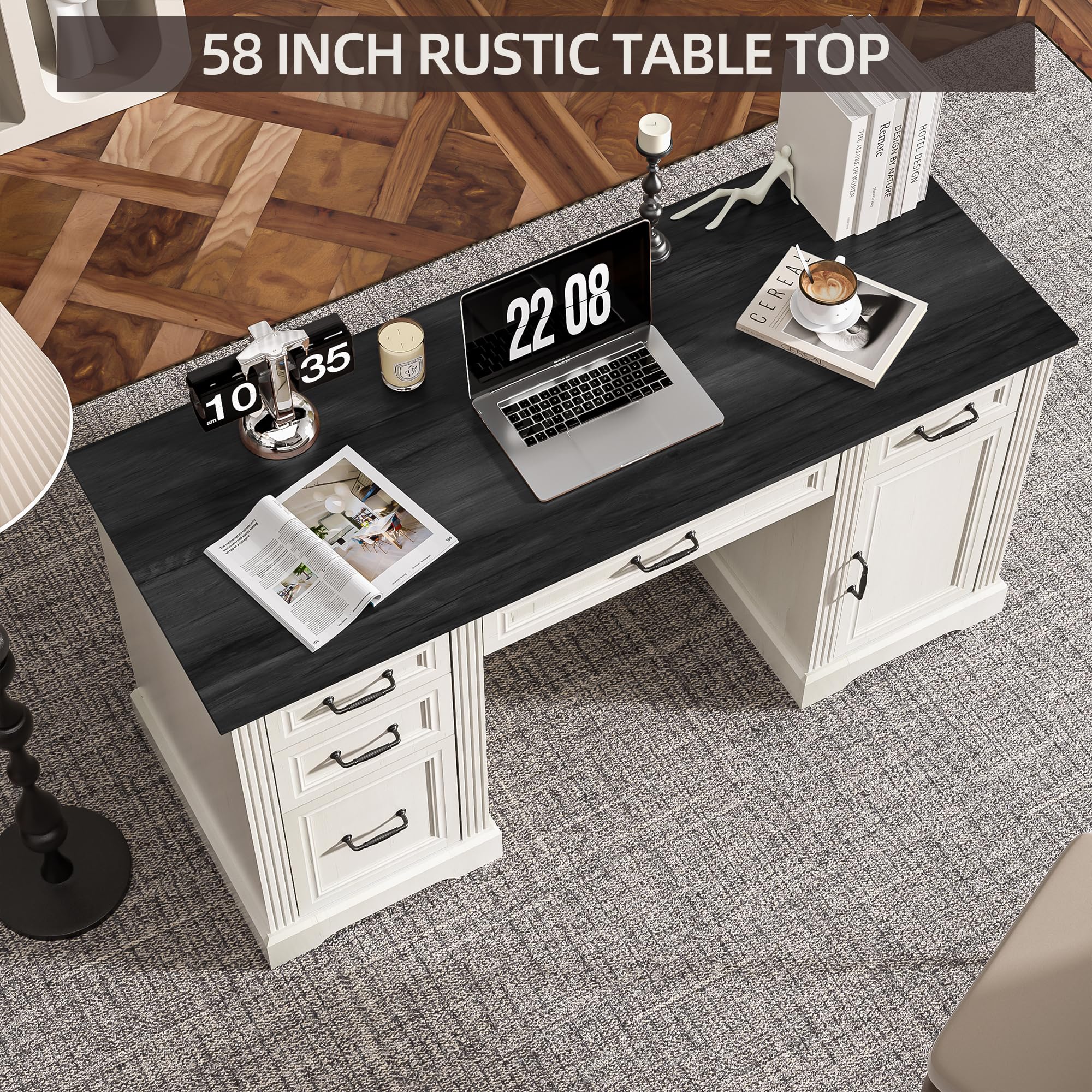 Spurgehom 58-Inch Executive Desk, Farmhouse Computer Desk with Drawers and Storage Cabinet, Wooden Home Office Desk Workstation, Study Writing Table, Black