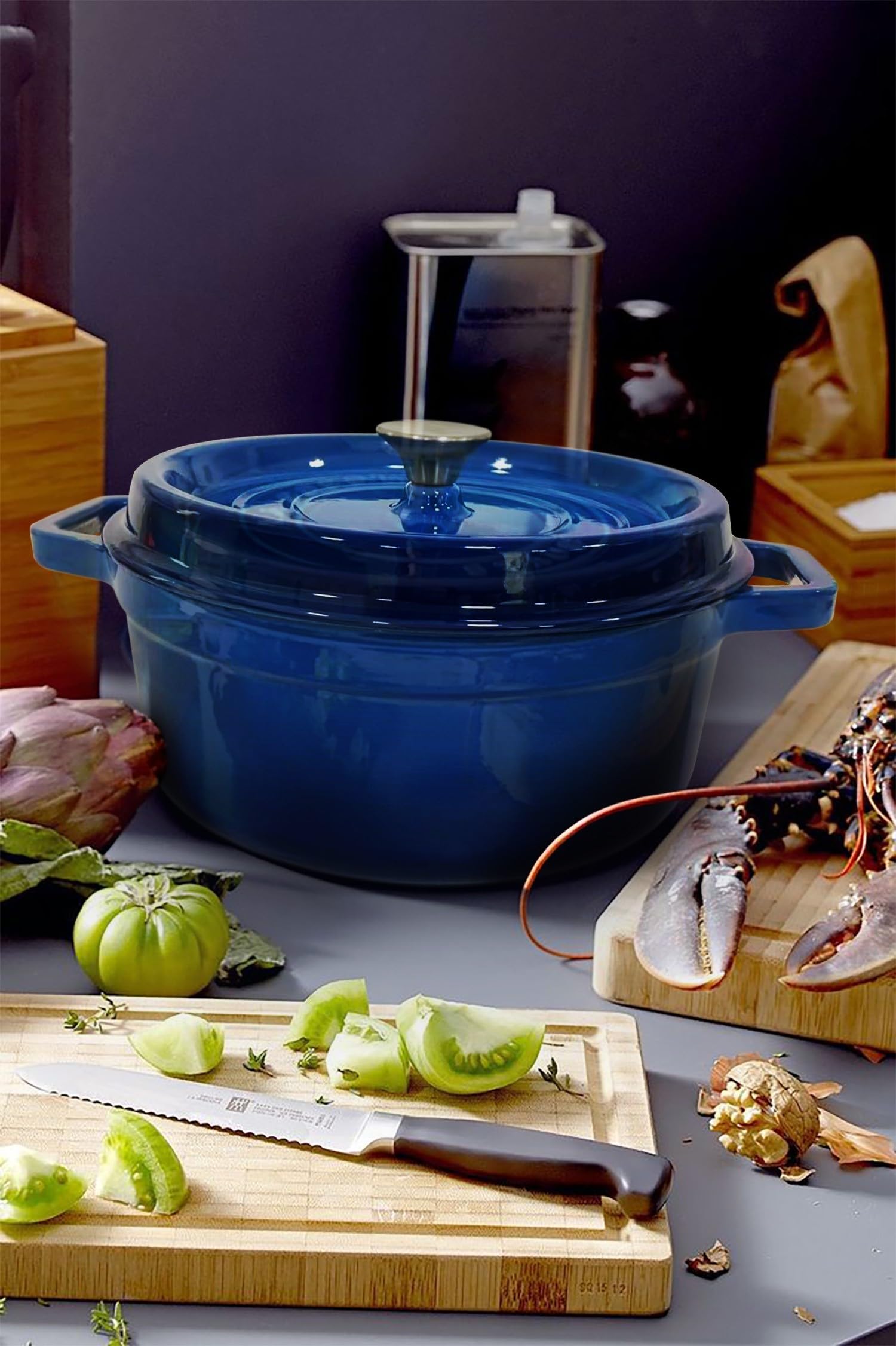 SPROS 6.4-Quart Enameled Cast Iron Dutch Pot with Lid and Dual Handles, Gas, Electric Safe; ceramic, induction and oven-safe up to 500°F - Blue