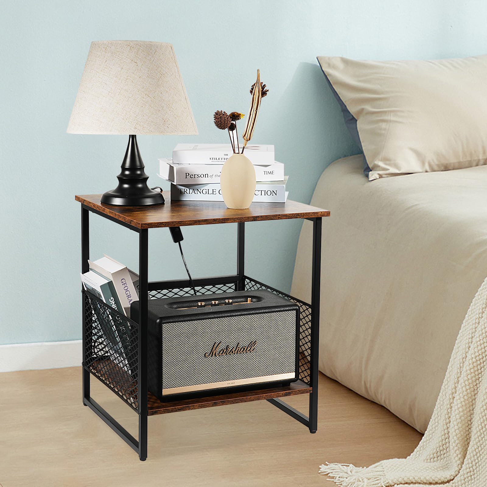 Square Side Table, 2 Tier End Table, Couch Side Table with Storage, Great For Printer Stand, Mini Fridge Stand, Aquarium Stand, Nightstand, Coffee Stand, Ideal for Living Room, Bedroom, Office (Black)