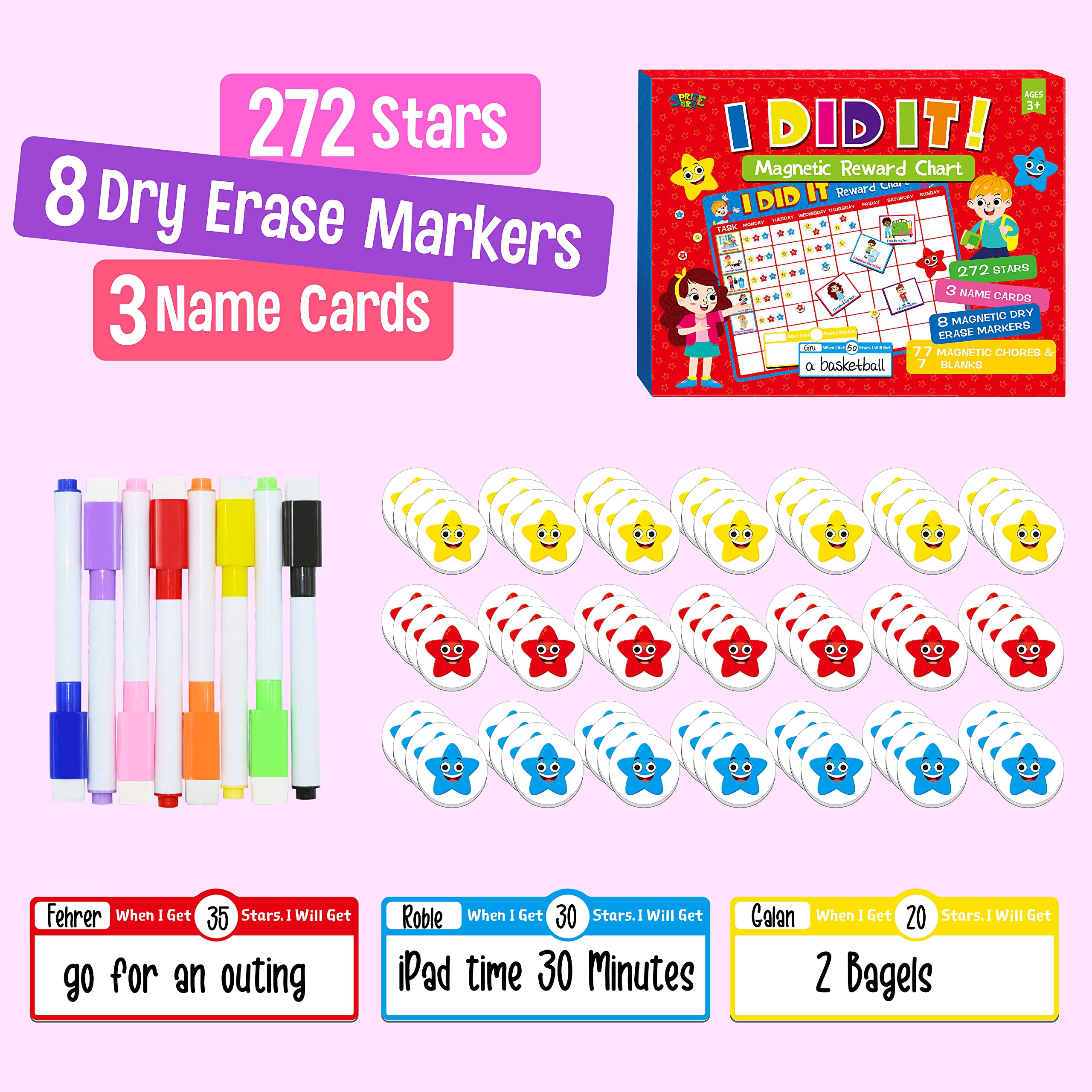 Magnetic Reward Chart, Dry Erase Kids Behavior Responsibility Task Board-84 Chores (including 7 Blanks), 272 Magnetic Stars, 8 Markers & 3 Name Cards-Good Behavior Daily Routine to motivate kids