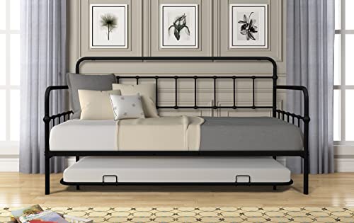 Livavege Twin Daybed with Trundle, Multifunctional Metal Twin Size Platform Bed Frame Sofa Beds with Headboard for Kids/Teens/Adults, Mattress Foundation/Space-Saving/No Box Spring Need