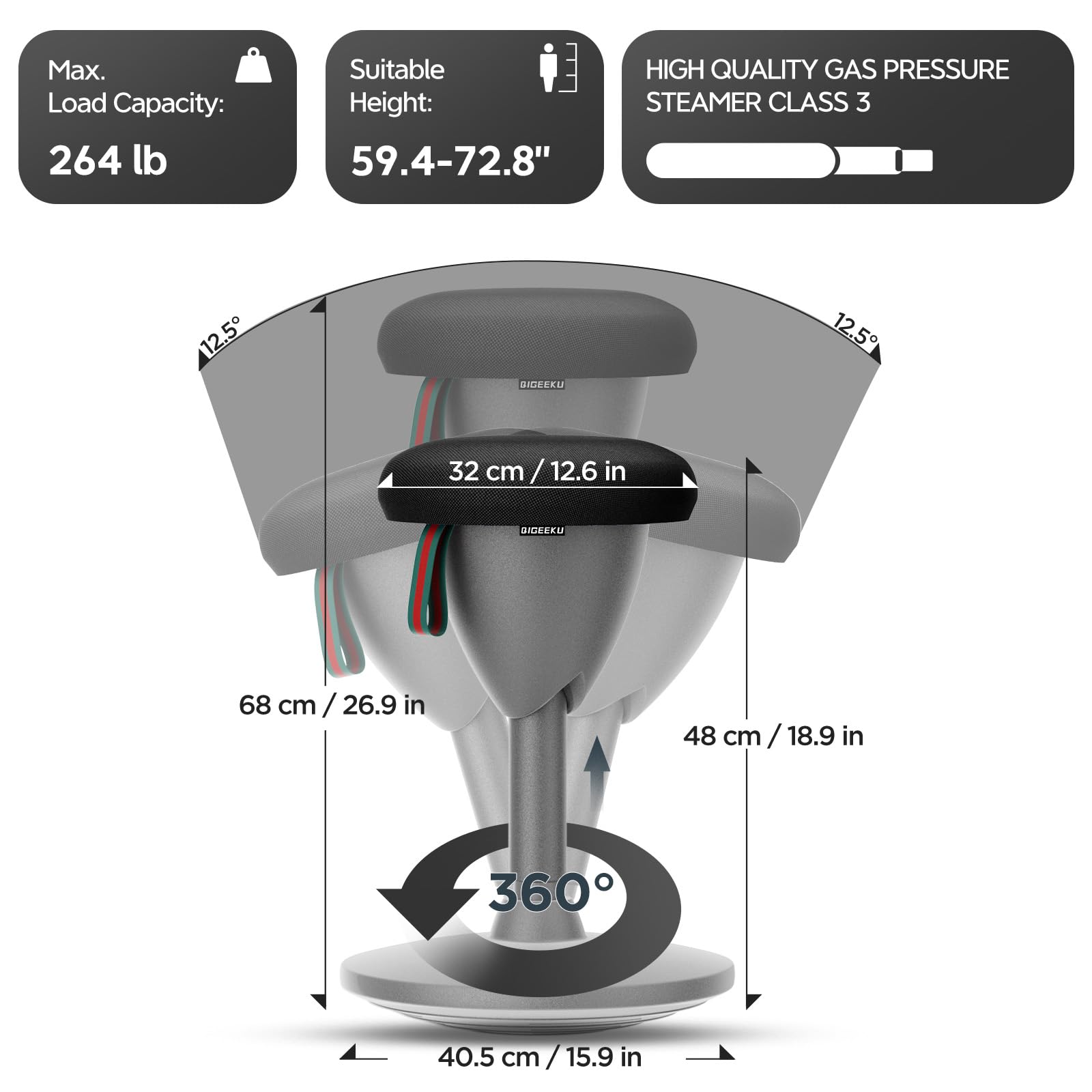 QIGEEKU Adjustable Standing Desk Chair, Ergonomic Wobble Stool Standing Desk Stool, Encourage Good Posture, Height Adjustable Stool 19-27", Non-Slip Base, Active Chairs for Adults
