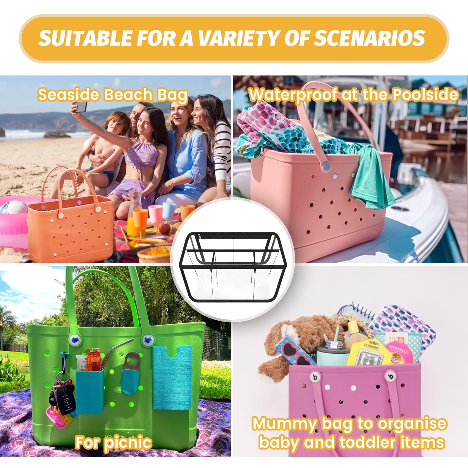 Patomio Eagle Beach Bag Organizer Compatible with Bogg Bag Insert Divide Space 7 Pocekets with Zipper XLarge for Bags Accessories,Waterproof，Transparent & Black
