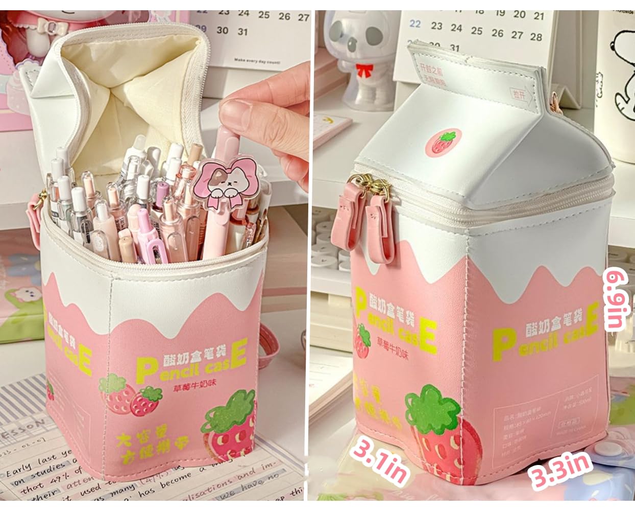 Pen Holder Yogurt Milk Box Shape Big Capacity Blueberry Strawberry Pen Pouch Case Estuche para Lapices (Pink)