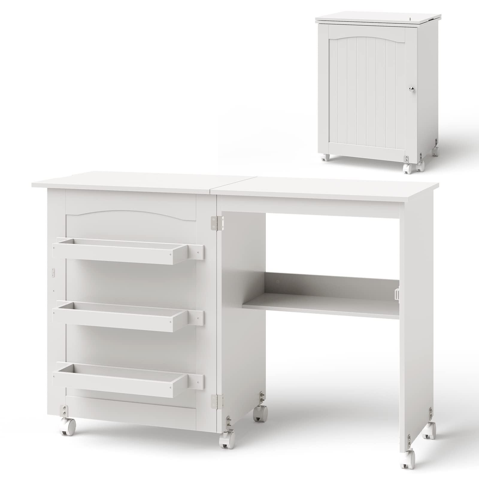 Giantex Folding Sewing Craft Table, Sewing Cabinet with 3 Storage Bins and Shelf, Rolling Craft Station Sewing Machine Work Desk with Lockable Wheels for Apartment Small Spaces, White