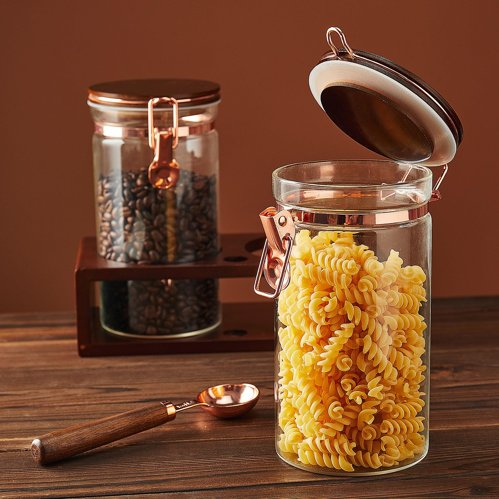 SIQOLNY Glass Coffee Container with Wooden Shelf, 2 x 40 FLOZ Coffee Bean Storage with Sealed Closure Clips and Copper Spoon, Kitchen Large Capacity Food Storage Jar, Ground Coffee Container