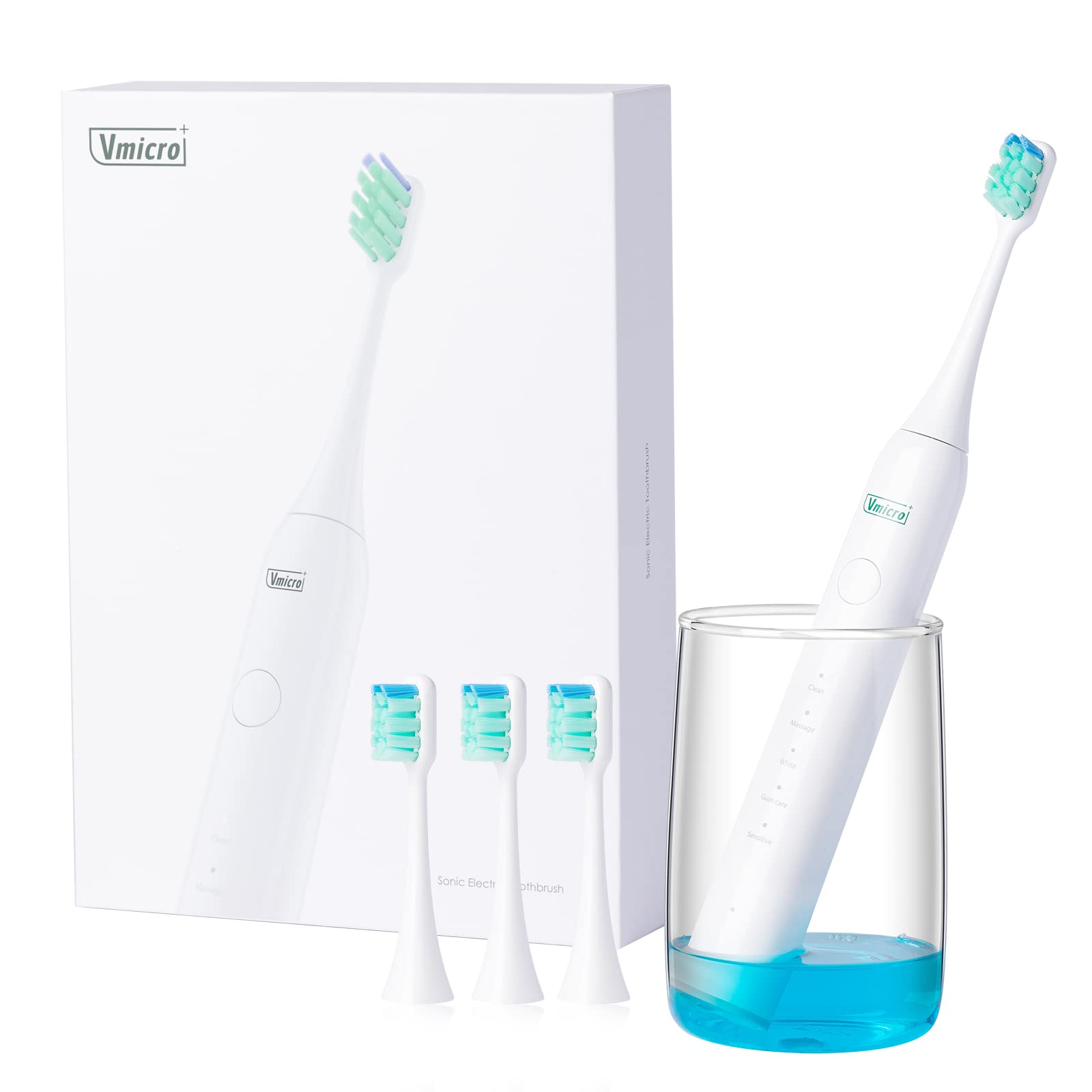 VMICRO Sonic Electric Toothbrush for Adults - Rechargeable Whitening Toothbrush with 4 Brush Heads,5 Modes, Smart Timer (White)