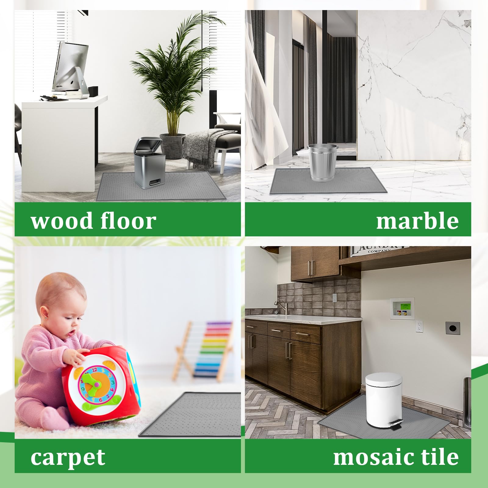 Tinideya Waterproof Trash Can Mat with Raised Edge Non Slip Under Garbage Can Mat Trash Can Pads Protective Silicone Rubber Tray for Kitchen to Avoid Spills Floor Scratches (2 Pieces,15.8" x 23.6")