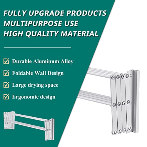 X-cosrack Wall Mount Clothes Drying Rack, Rustproof Accordion Retractable Drying Rack for Laundry Room/Bathroom Tower, 8 Bar Space-Saving Aluminium Alloys Garment Hanger 16.8 Linear Feet Pearl Silver