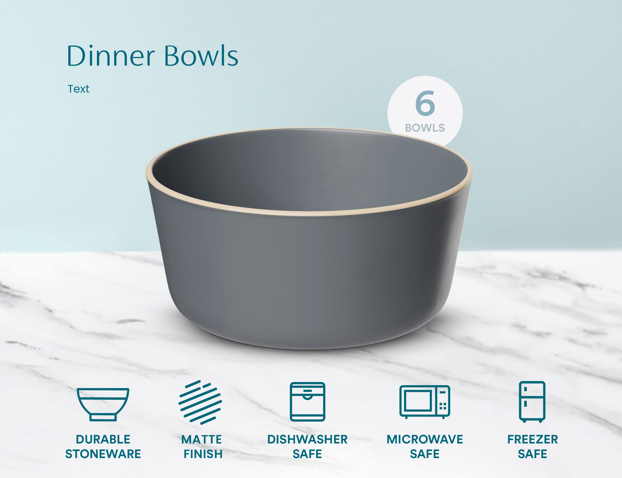 KooK Ceramic Soup Bowls, For Cereal, Rice, Pasta and Dessert, Dishwasher and Microwave Safe, 6 Inch, Stoneware, 25 oz, Set of 6, Grey, Nordic Collection…