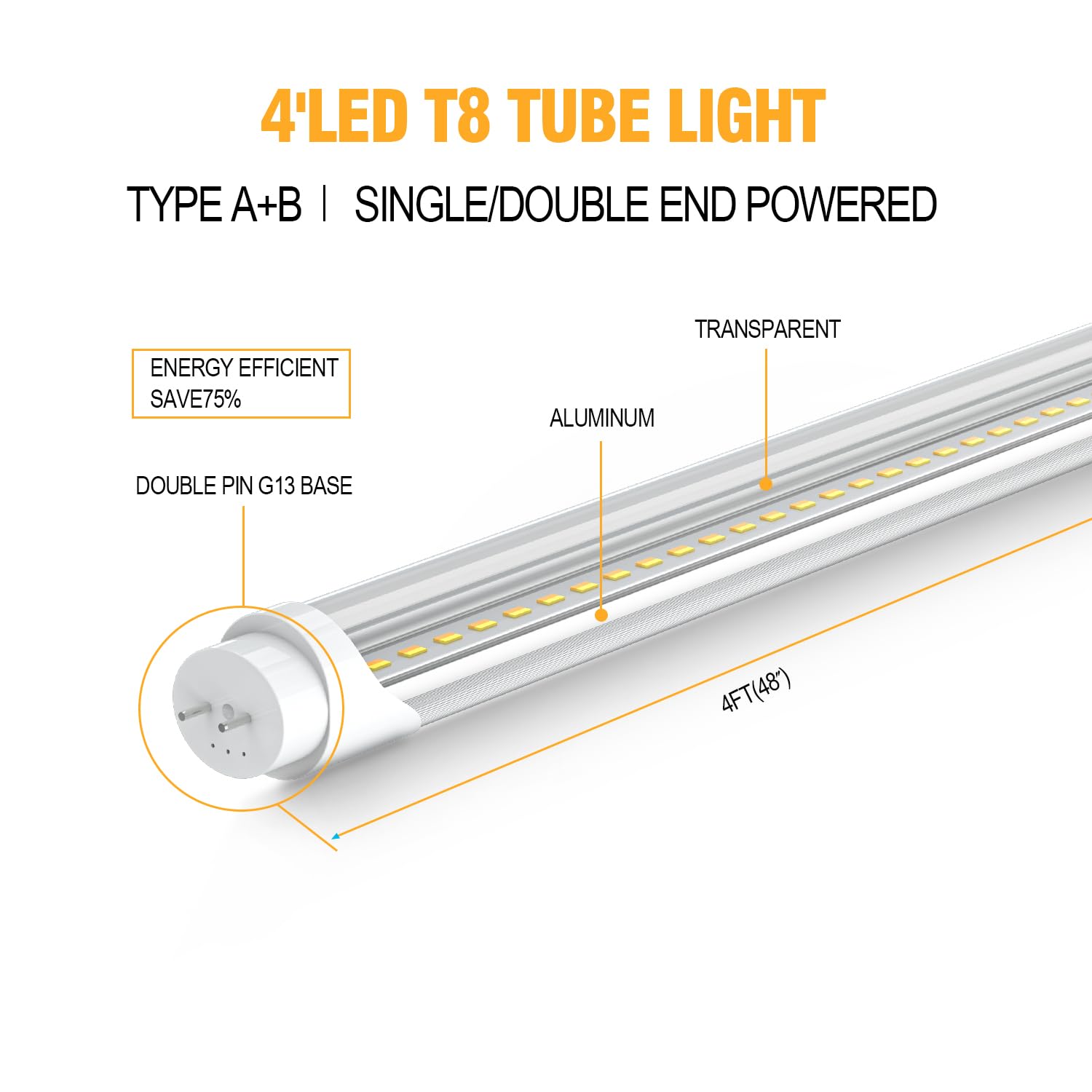 T8 LED Tube Light Bulbs 4 Foot, 5 Power(10W-24W)& 6CCT(3000K-6500K) All in 1,Plug & Play or Ballast Bypass,T8 T12 4ft Fluorescent Tube Light Bulbs Replacement, Type A+B Tube, ETL DLC(Clear-6Pack)