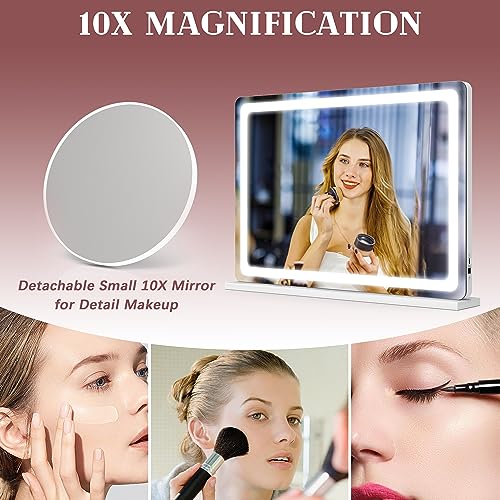ROLOVE Vanity Mirror with Lights, 32" x 22" Large Lighted Vanity Mirror with Dimmable 3 Modes, LED Makeup Mirror with Detachable 10X Magnification, Touch Screen Control, for Makeup Desk, Dressing Room