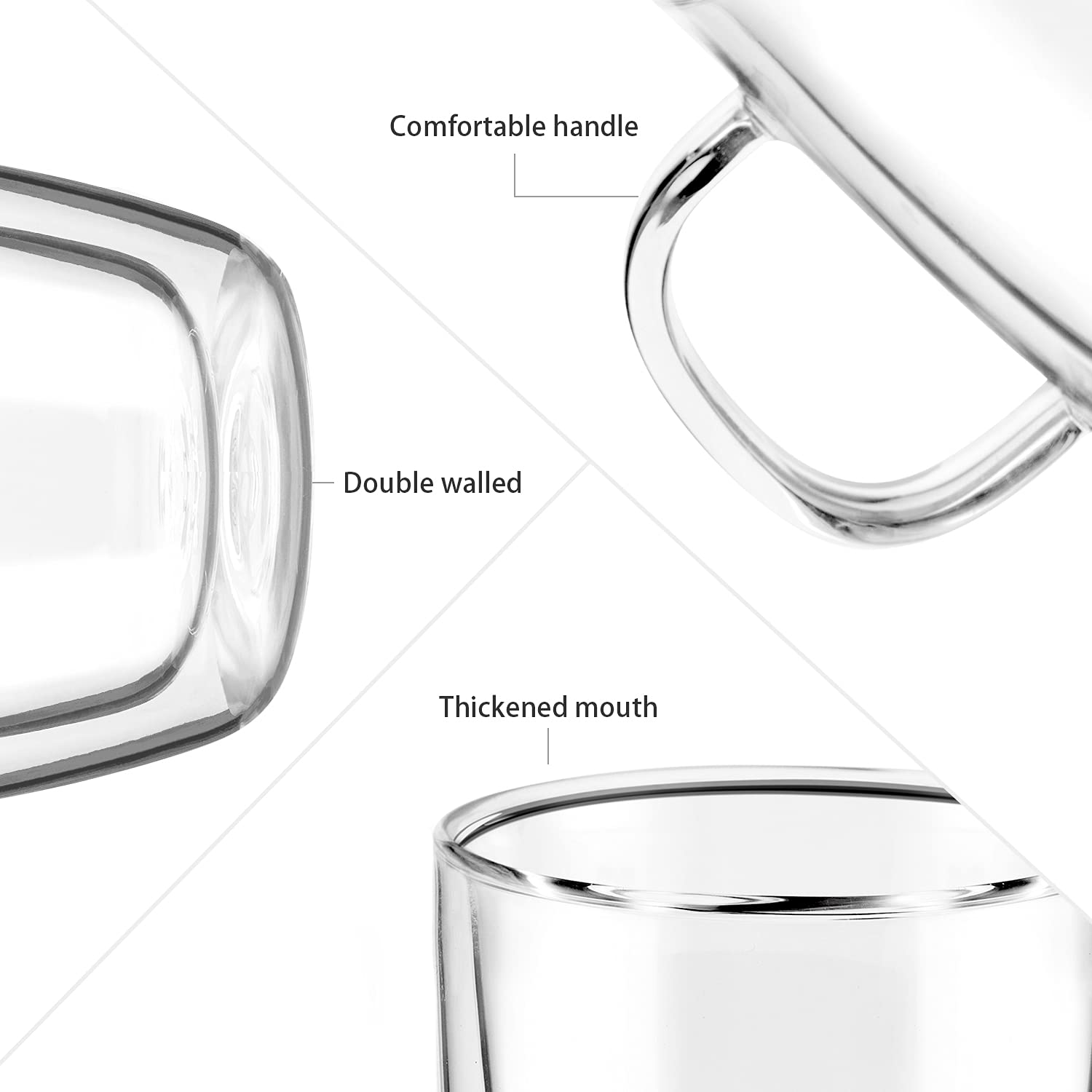 Liuruiyu Double Wall Glass Coffee mugs, (Set of 4) 12 Ounces-Clear Glass Coffee Cups with Handle,Insulated Coffee Glass,Cappuccino Cups,Tea Cups,Latte Cups,Beverage Glasses
