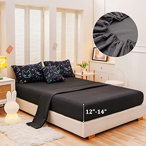 Tasselily Cute Cat Twin Comforter Set for Boys Girls, Soft Warm Lightweight 6 Piece Bed in A Bag Teen Kids Bedding Sets with Sheets