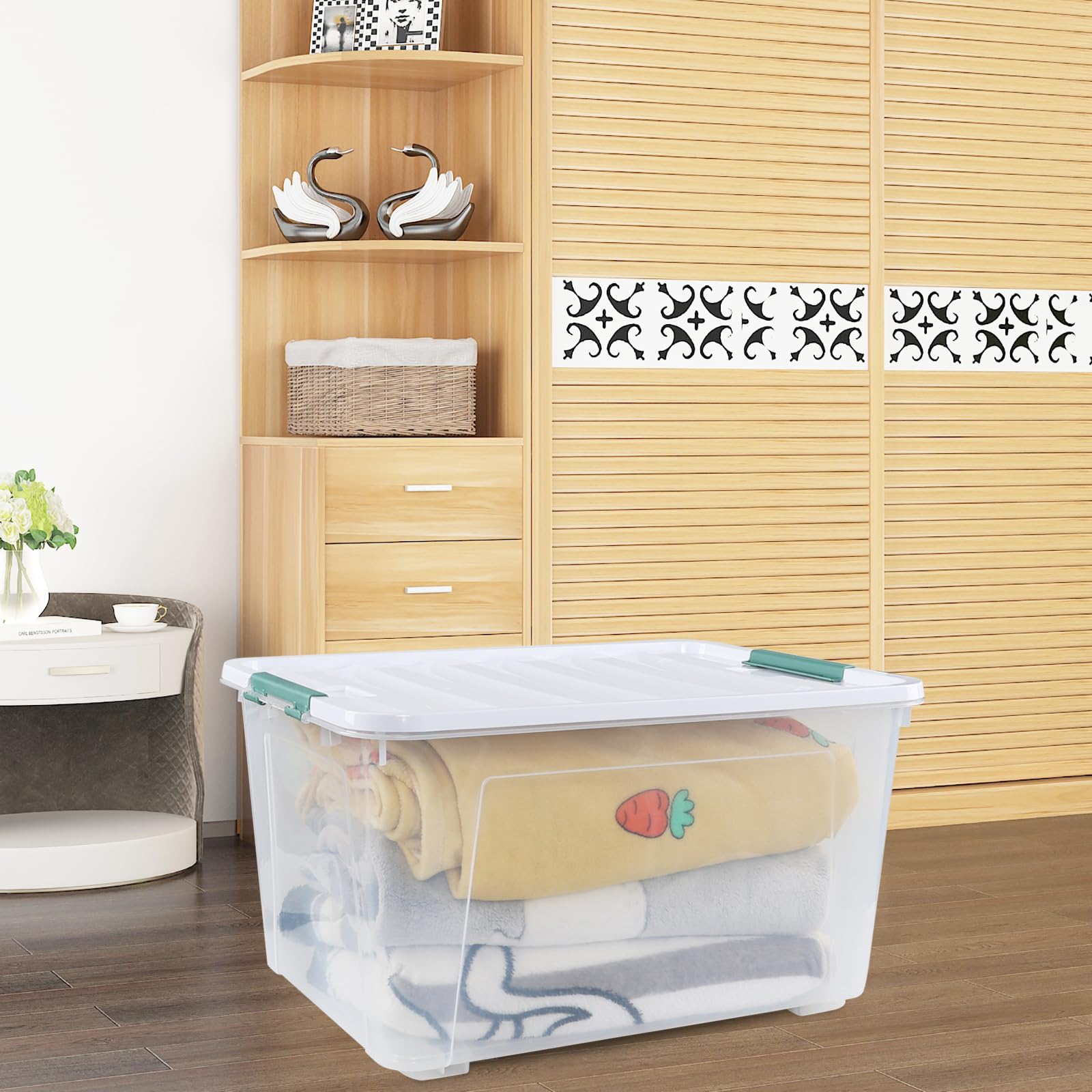 Qskely 80 L Large Clear View Plastic Storage Bin with Lid and Secure Latching Buckles, 4-Pack Wheeled Clear Storage Boxes