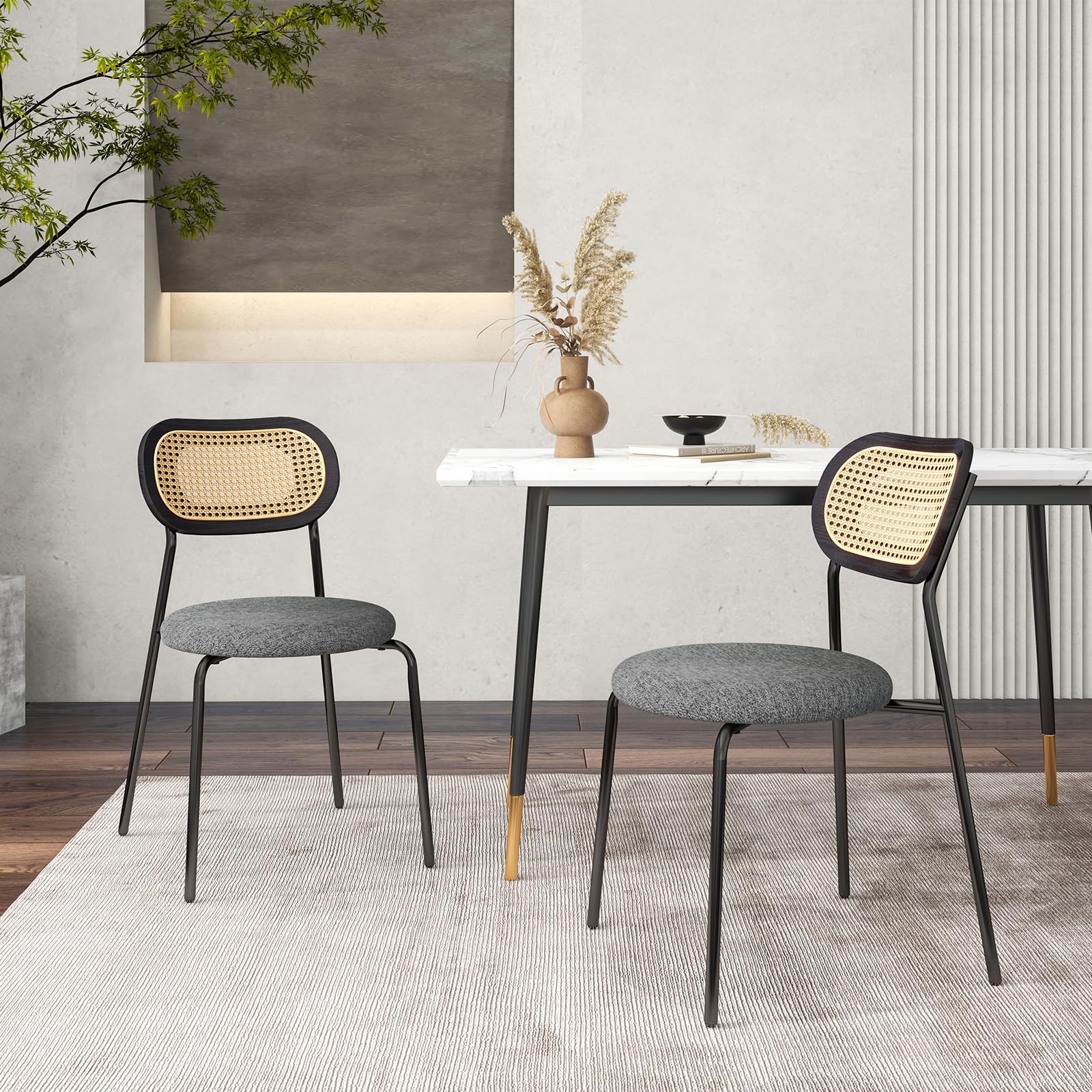 Giantex Rattan Dining Chairs Set of 2, Upholstered Kitchen Chairs with Metal Legs, Max Load 300 Lbs, PU Leather Dining Side Chairs with Round Padded Seat, Modern Dinner Chair for Dining Room, Brown