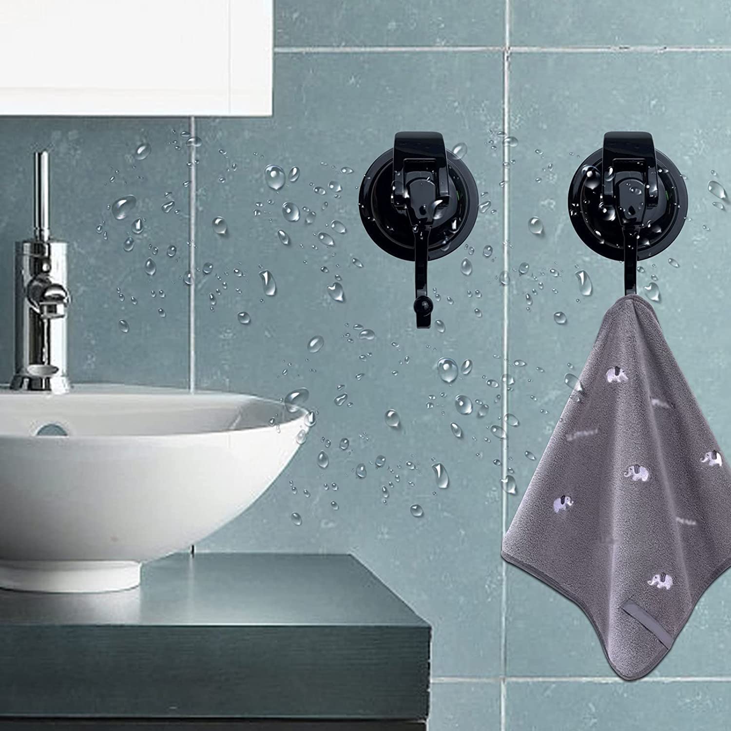 YSSILADI Shower Suction Cups Heavy Duty Vacuum Suction Cups, Glass Suction Cup Hooks, Robe & Towel Hooks Reusable, No Hole Punched, for Garland Decoration (2 Pack, Black)