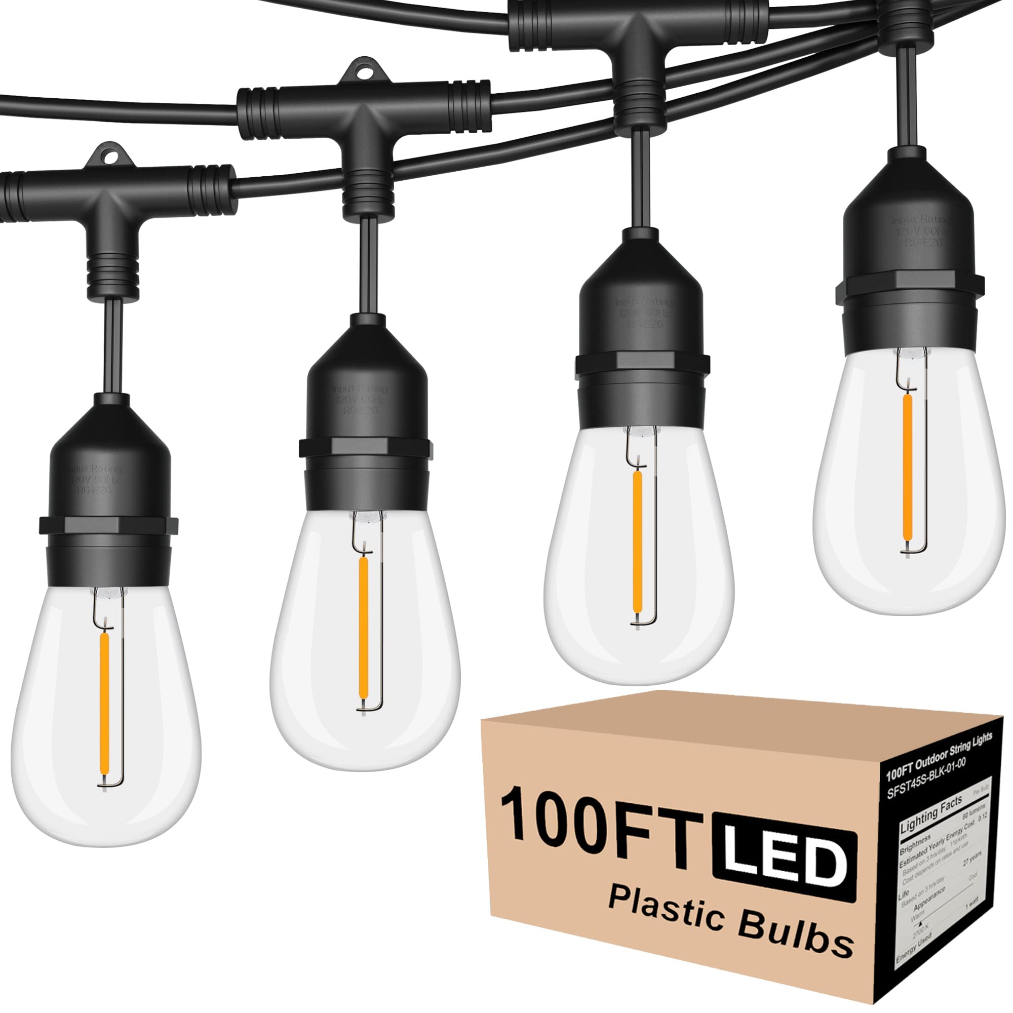 Outdoor String Lights LED 100FT Commercial Grade Heavy Duty with 30 Sockets 32 Shatterproof Include 2 Spare S14 Dimmable Plastic Edison Bulbs For Patio Market Cafe