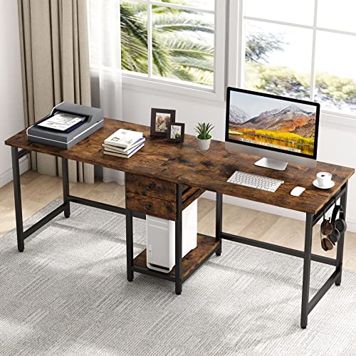Tribesigns 78ââ Two Person Desk with 2 Drawers, Long Double Computer Desk Gaming Table with Shelves, Industrial Study Writing Table Workstation for Home Office, Rustic Brown