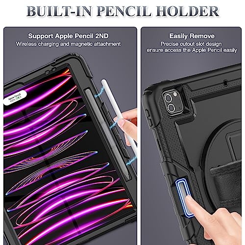 SEYMAC stock iPad Pro 12.9 Case (6th/5th/4th/3rd Gen), [Full-Body] Drop Protection Case with [Screen Protector] 360 Rotating Stand [Pencil Holder] Hand Strap for iPad Pro 12.9''2022-2018 (Black)