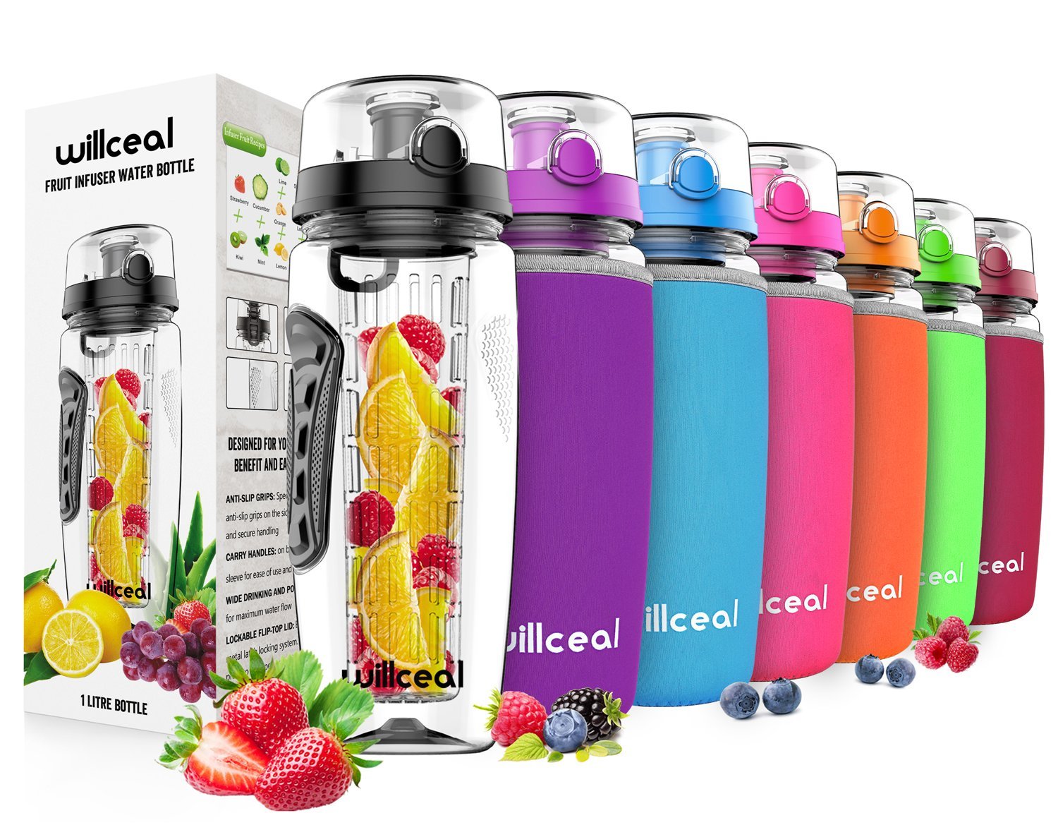 Fruit Infuser Water Bottle 32oz Willceal- Durable, Large - BPA Free Tritan, Flip Lid, Leak Proof Design - Sports, Camping (Dark Red)