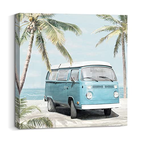 Ocean Beach Theme Wall Art Decor Coastal Tropical Palm Trees Cute Vintage Van Canvas Prints Poster for Living Room Bedroom Bathroom Decoration (12" x 12", Blue Van)