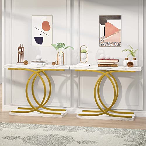 PAKASEPT Console Table with Gold Base, 40 inch White Faux Marble Narrow Entryway Table Foyer Table for Living Room, Entryway, Hallway, Entrance