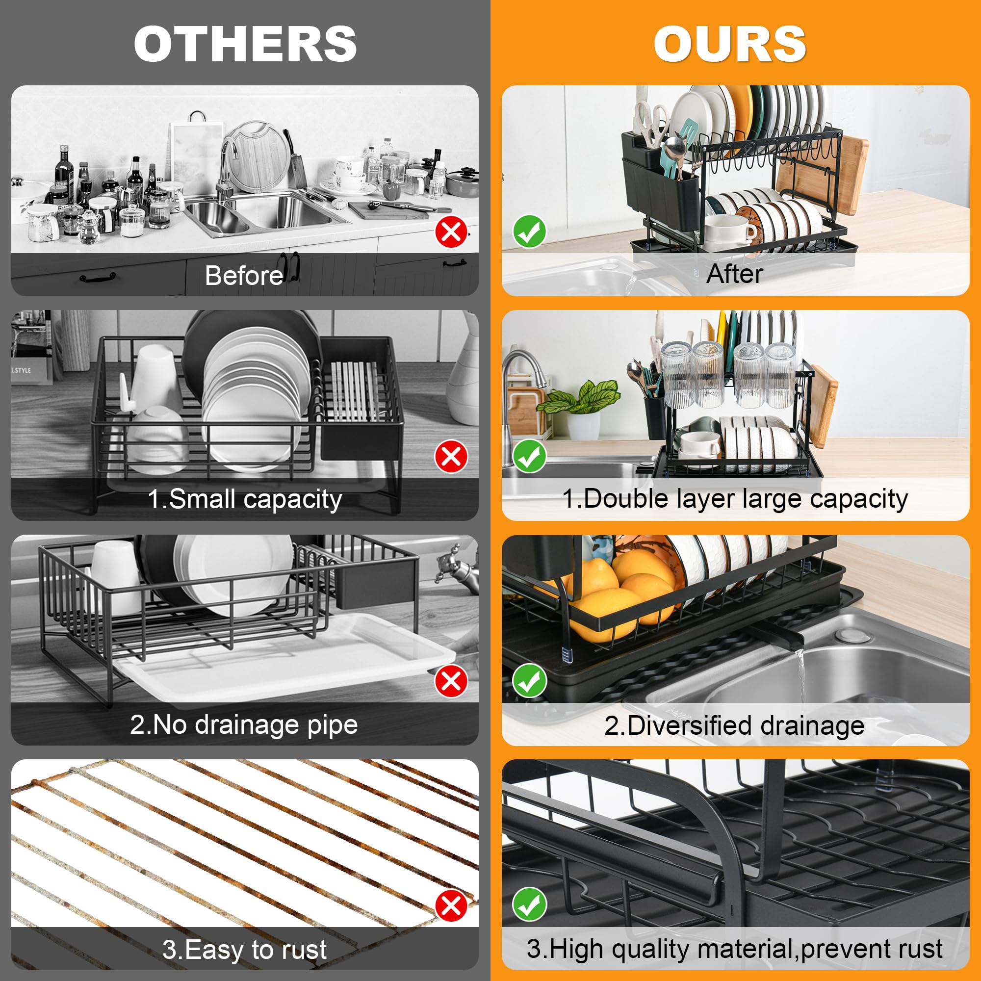 SRIVIJA 2 Tier Detachable Large Sink Dish Drying Rack Over The Kitchen Counter with Drainboard&Silicone Dish Drying Mat,Kitchen Large 2 Tier Stainless Steel Drying Rack with Dishes Drainer(Black)