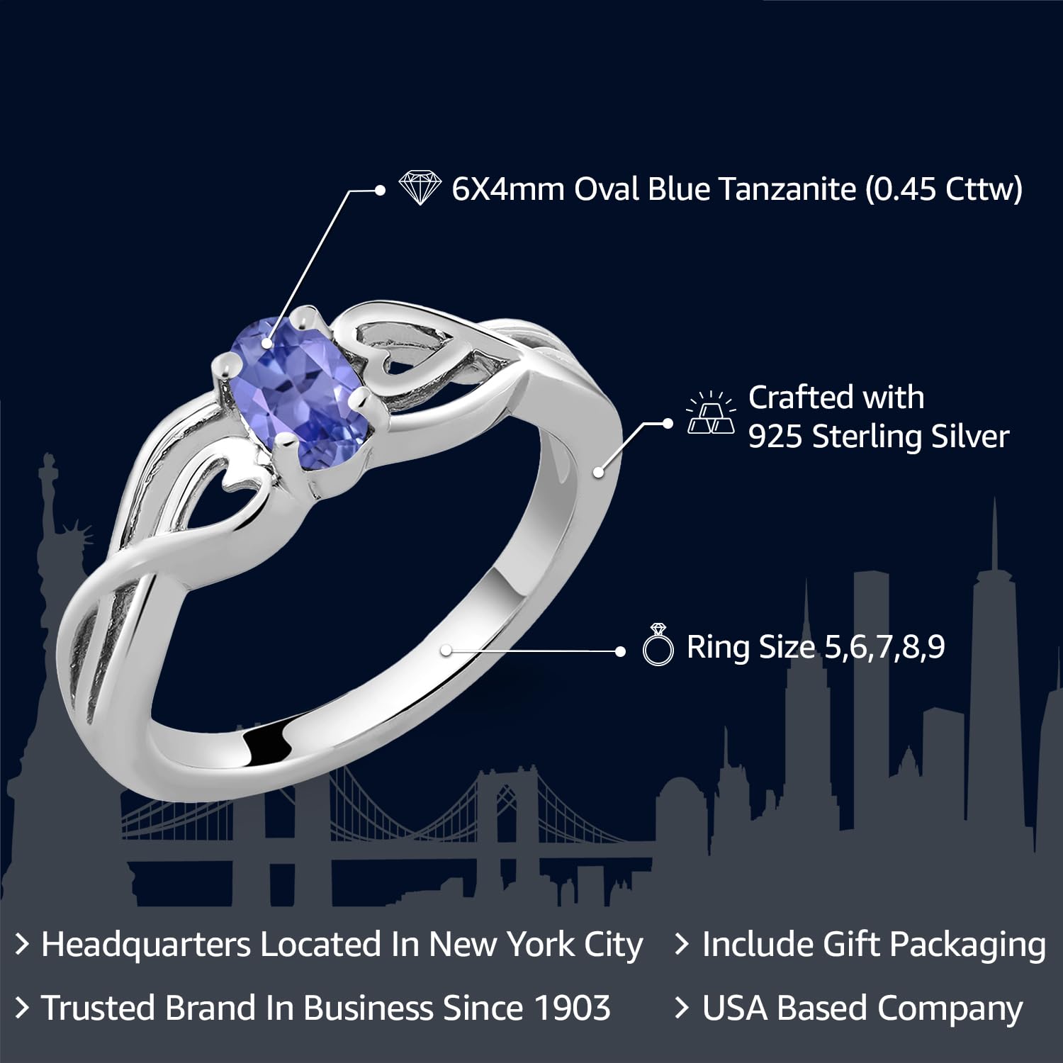 Gem Stone King 925 Sterling Silver Blue Tanzanite Engagement Ring For Women (0.45 Cttw, Gemstone Birthstone, Oval 6X4MM, Available In Size 5,6,7,8,9)
