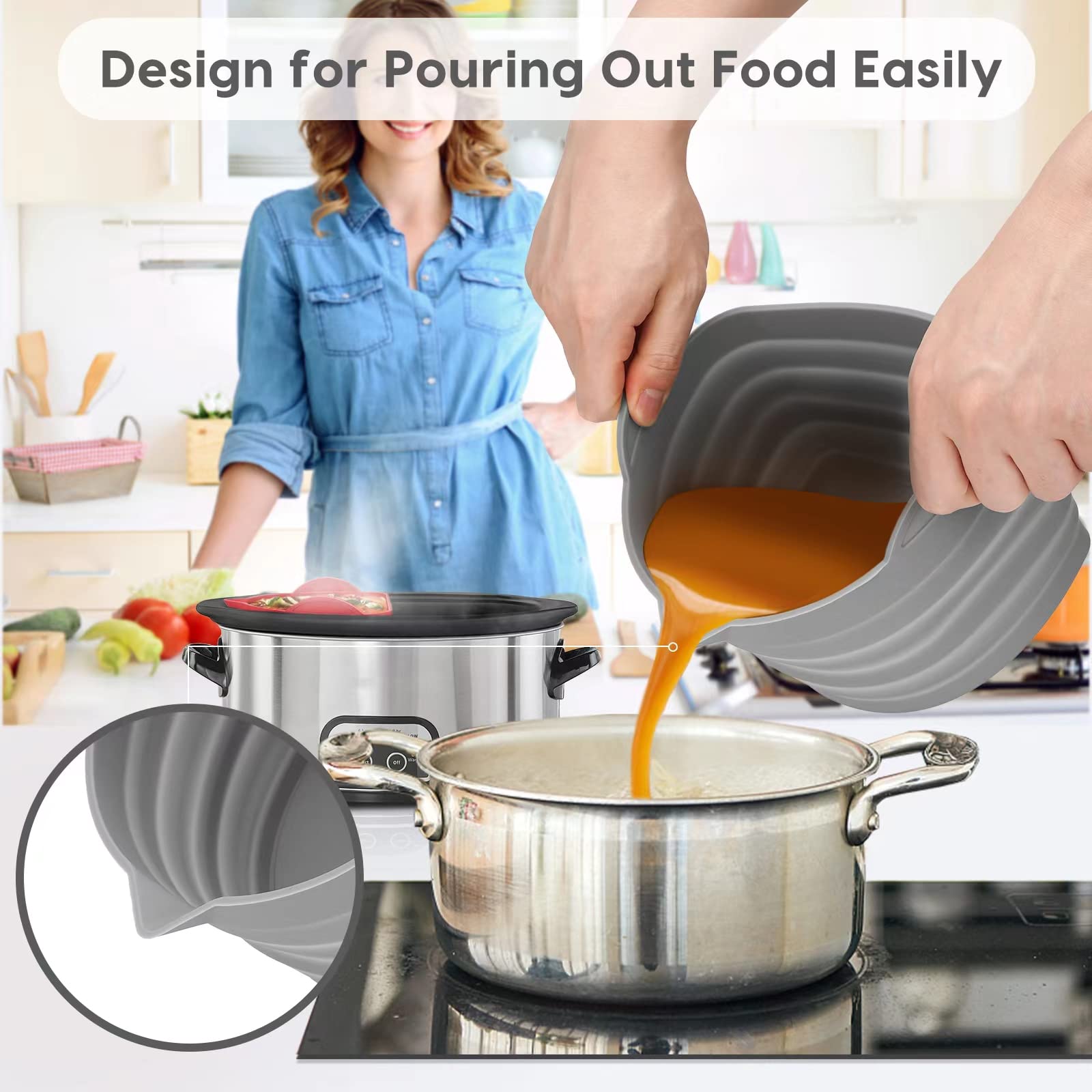 MMH Slow Cooker Divider Liner Fit for Crockpot & Hamilton Beach 6-7 Quart, Silicone Crock Pot Cooking Liners Inserts | Reusable & Leakproof | BPA Free | Dishwasher Safe | Red+Gray
