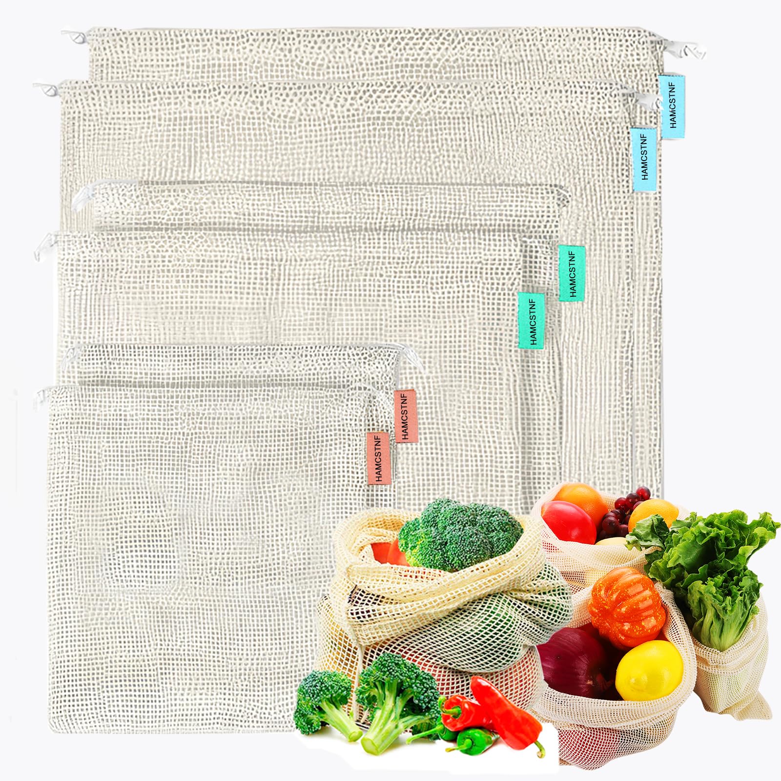 Produce Bags Reusable Washable - Vegetable Bags, Grocery Bags, Cotton Mesh Bags, Produce Storage Bags, See Through Tare Weight Bulk Drawstring Net Bags for Veggies and Fruits (6 Pack,2S/2M/2L)
