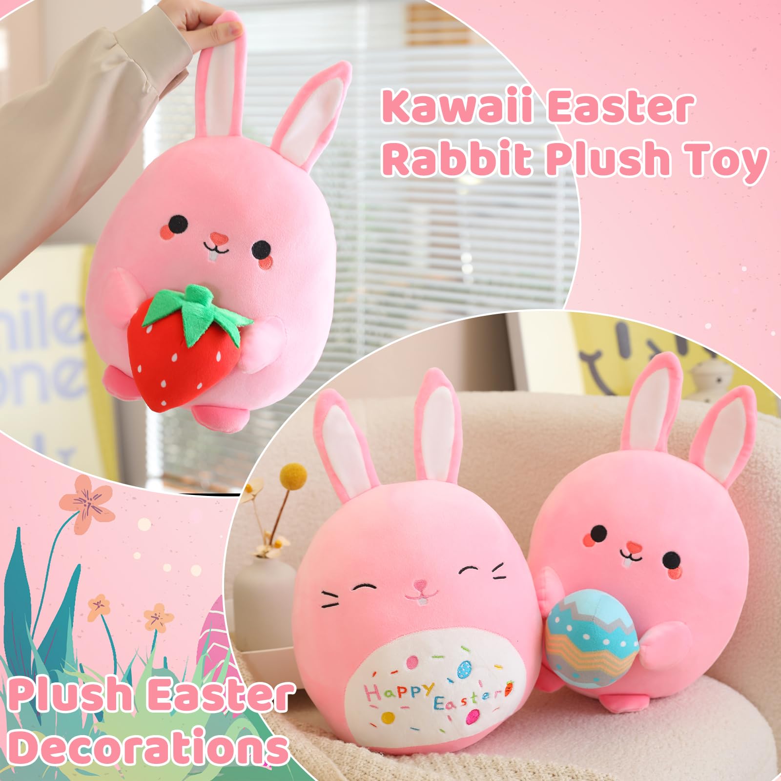 TOYSYM Pink Bunny Plush Cute Easter Bunny Stuffed Animal Toy Soft Rabbit Strawberry Plushies Easter Plushie Pillow Doll Gifts for Kids Decor 13.7 inch