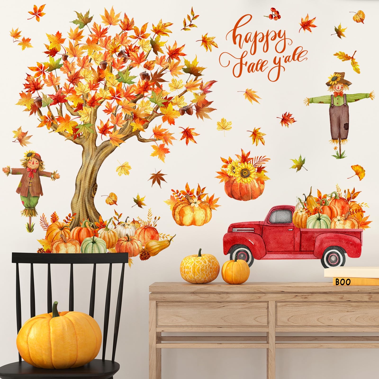 Resurhang Fall Maple Leaves Wall Decals Fall Tree Scarecrow Pumpkin Truck Wall Decor Sticker Thanksgiving Removable Fall Leaves Wall Decor Cute Autumn Wall Mural Art for Classroom Bedroom Decor