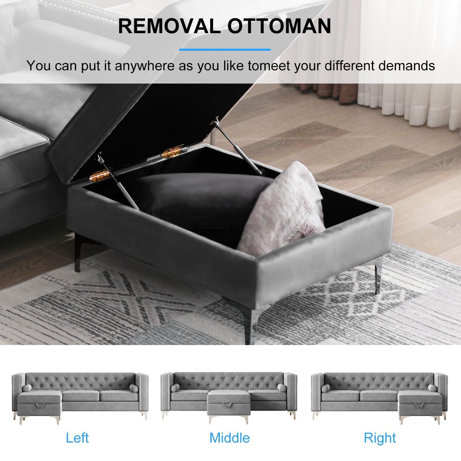 PUREMIND Convertible L-Shaped Sectional Sofa, Velvet 3-Seater Sectional Couch with Movable Storage Ottoman, Button Tufted Reversible L Couches for Living Room Apartment - Grey