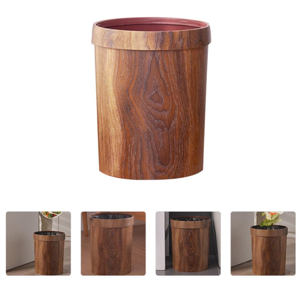 PRETYZOOM Wood Grain Trash Can, 10L Round Plastic Wastebasket Bedroom Kitchen 11x9 Inch Vintage Recycling Bin Rustic Garbage Can with Removable Bag Holder for Bathroom Offices