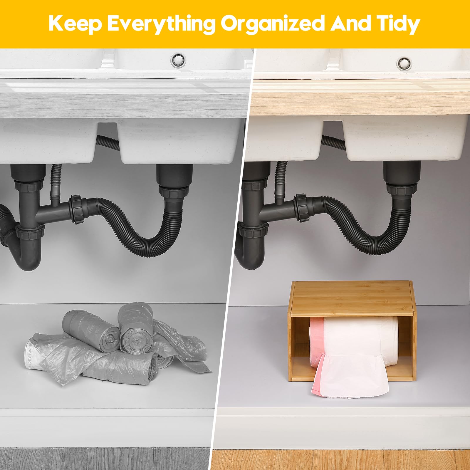 Qozary Extra Large Trash Bag Holder - Wall Mounted Bamboo Trash Bag Dispenser with Handles, Garbage Bag Dispenser Roll Holder for Kitchen Countertop, Under Sink - Keeps Garbage Rolls Neat and Handy