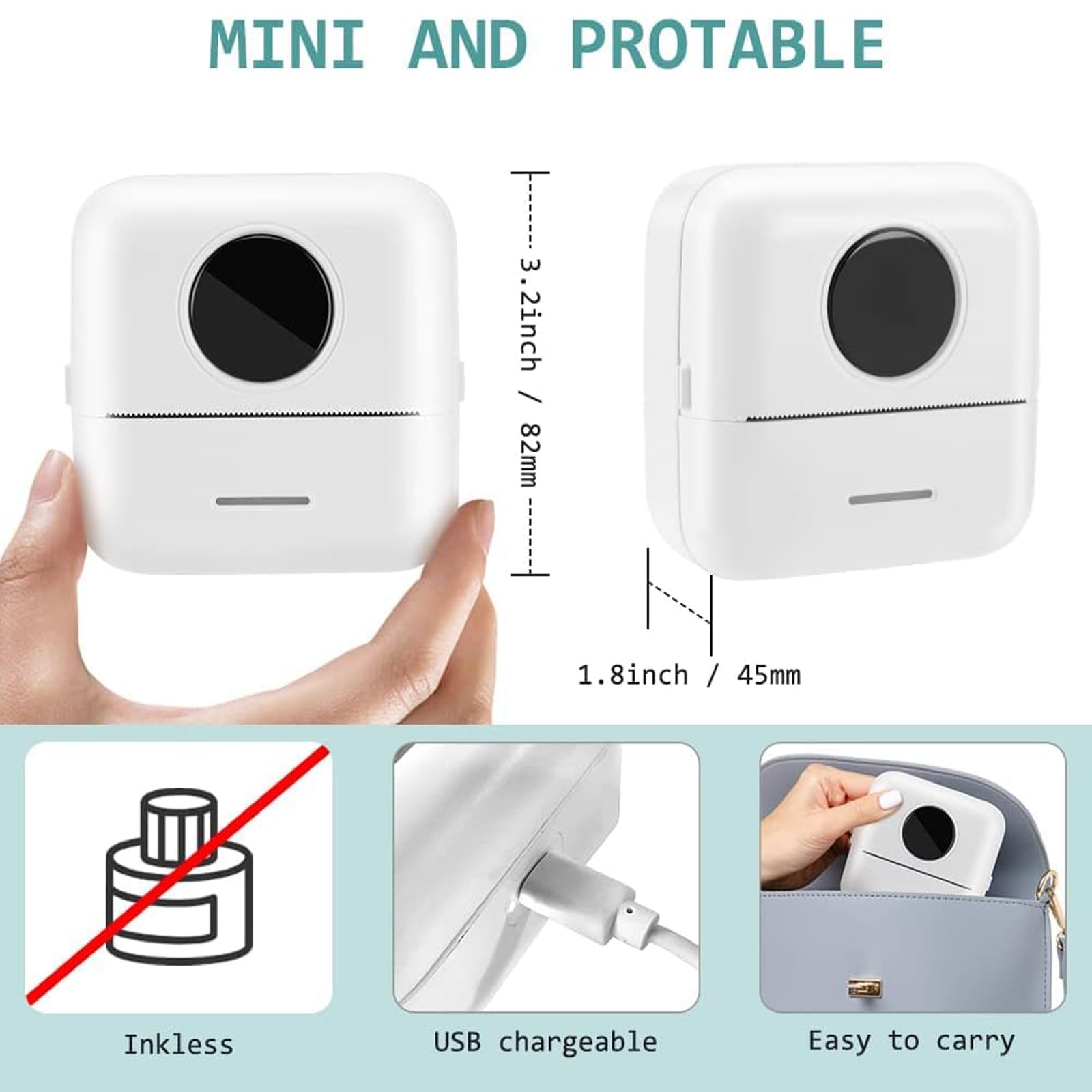 TVAIGER Mini Pocket Bluetooth Printer, Portable Thermal Sticker Printer with 13 Rolls Printing Paper for Journal, DIY Scrapbook, Travel, Notes, Memo, Receipt Printer for Kids Women Gifts (Black White)