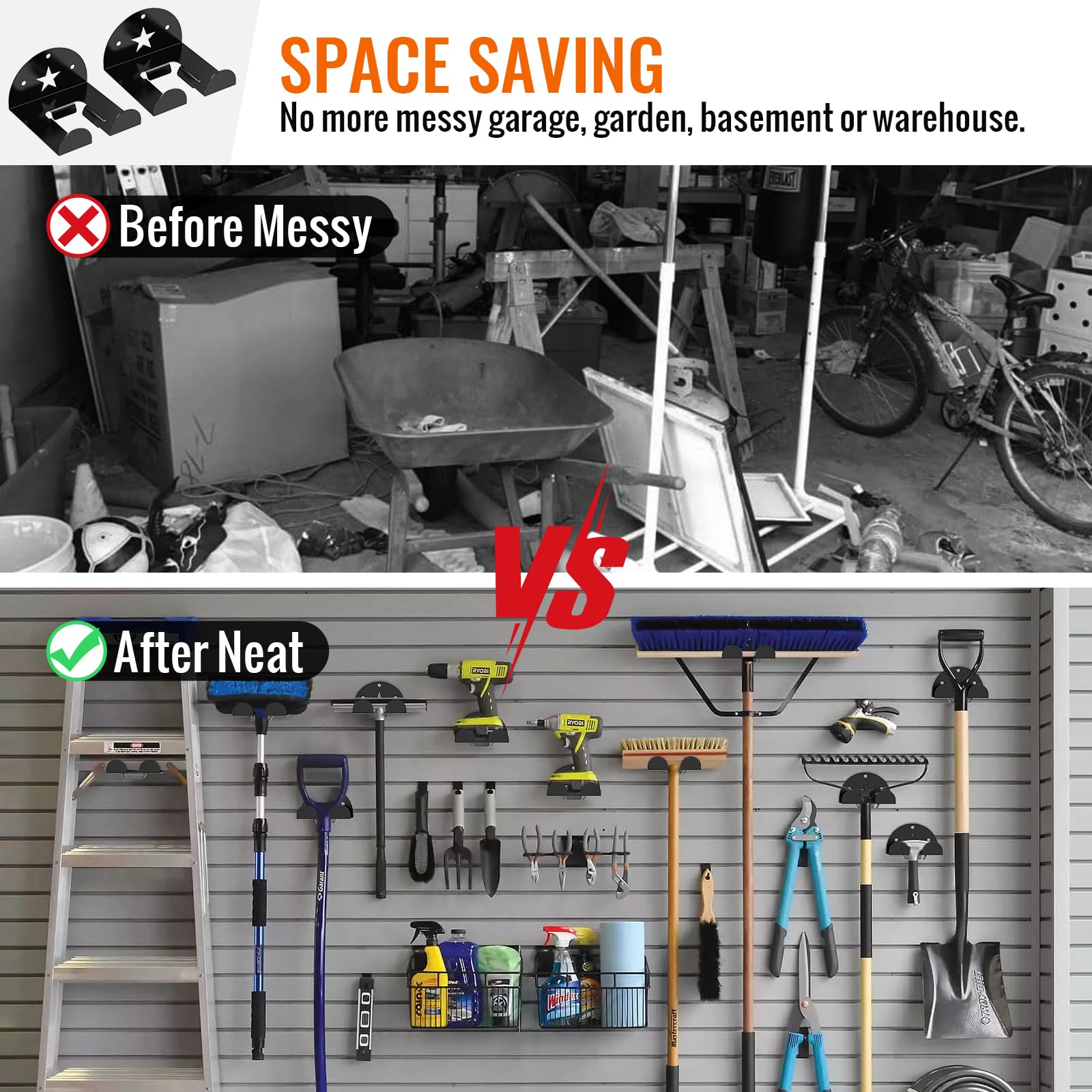Sulythw 2 Pack Trimmer Rack Garage Garden Power Tool Hanger for Grass Trimmer, Hedge Trimmer, Garage Wall Weed Eater Hanger Holder Garage Trimmer Power Tool Organizer Storage Wall Mount (Black)