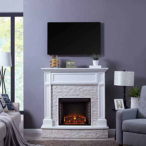 SEI Furniture Jacksdale Faux Stone Accent Electric Hidden Media Shelf Fireplace, White