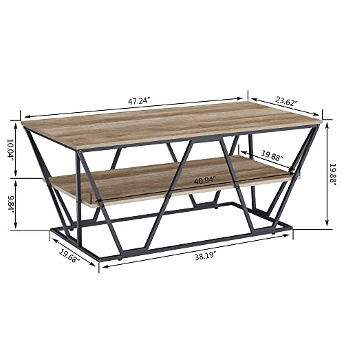 TTHAETUR Industrial Coffee Table for Living Room, 47inch Wooden Center Table with Large Storage Shelf, 2-Tier Mid Century Modern Coffee Table, Rustic Oak
