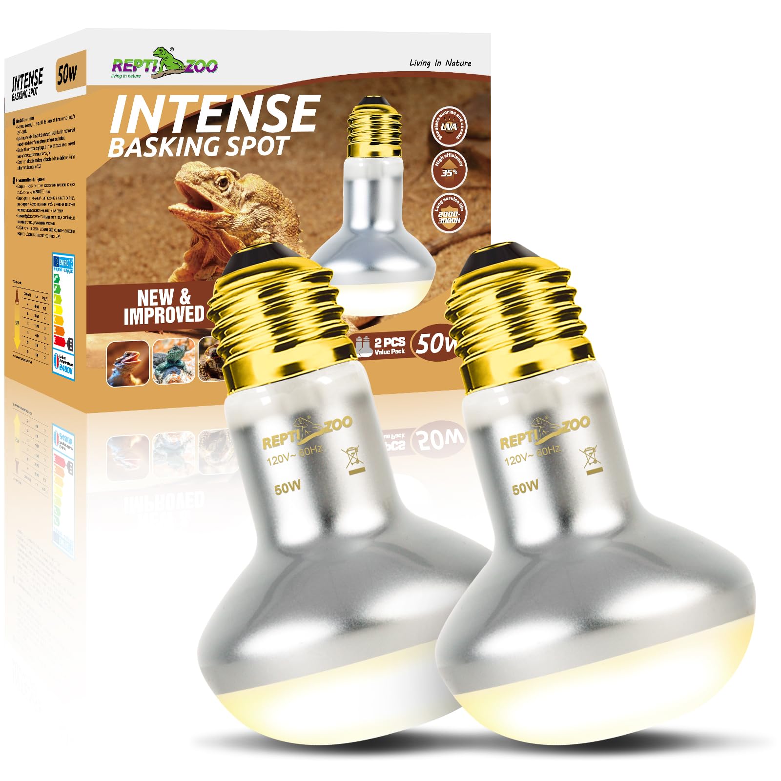 REPTI ZOO 50W Reptile Heat Lamp Bulb,2 Pack Intense Spot Basking Light,UVA Daylight Heating Lamp Bulb for Reptile & Amphibians & Chicken Brooder,Bearded Dragon, Lizard, Tortoise