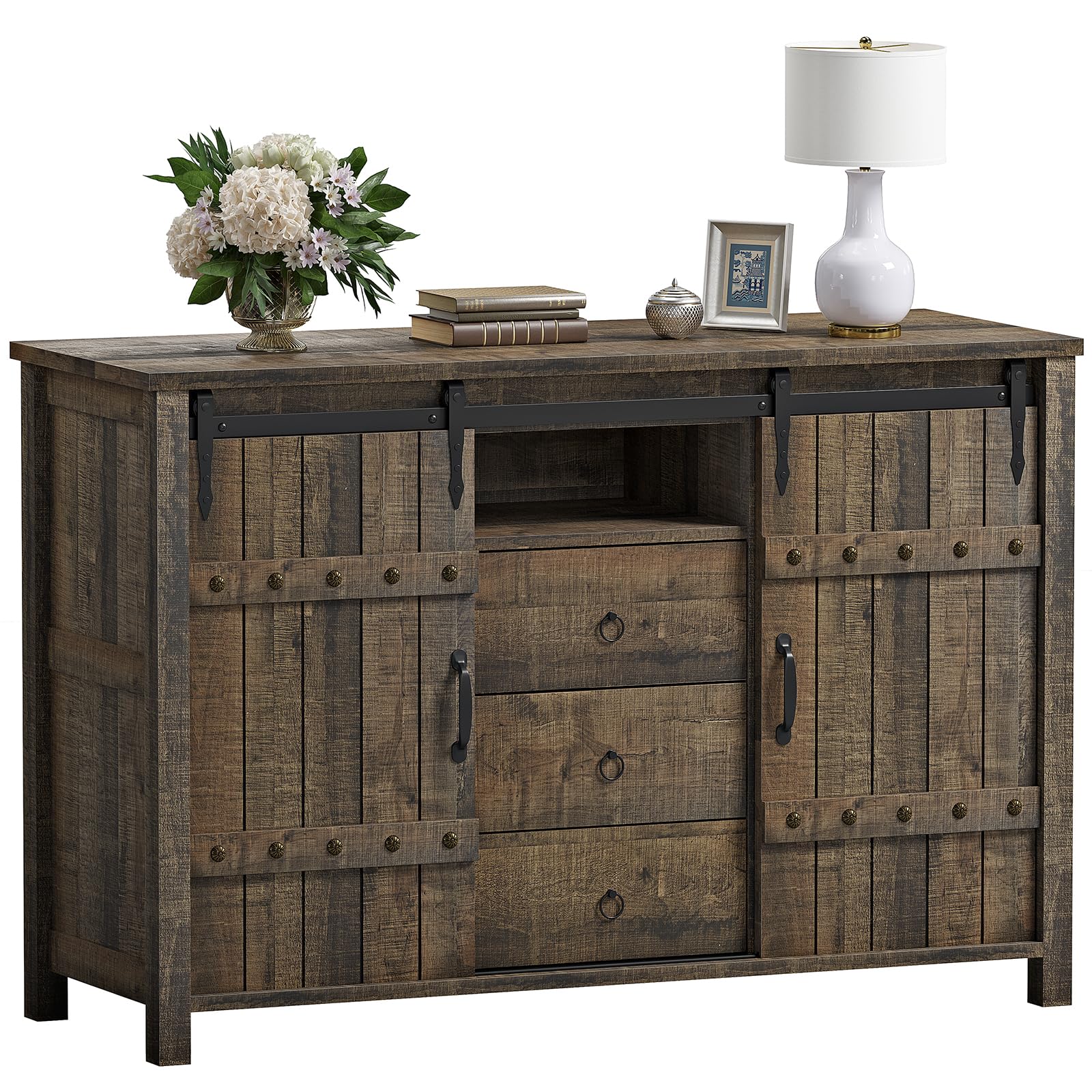 REAHOME Buffet Cabinet with Storage, 48" Sideboard Buffet Cabinet with Sliding Barn Doors & 3 Drawers, Farmhouse Wood Coffee Bar Cabinet Buffet Table for Kitchen, Dining Room, Rustic Brown