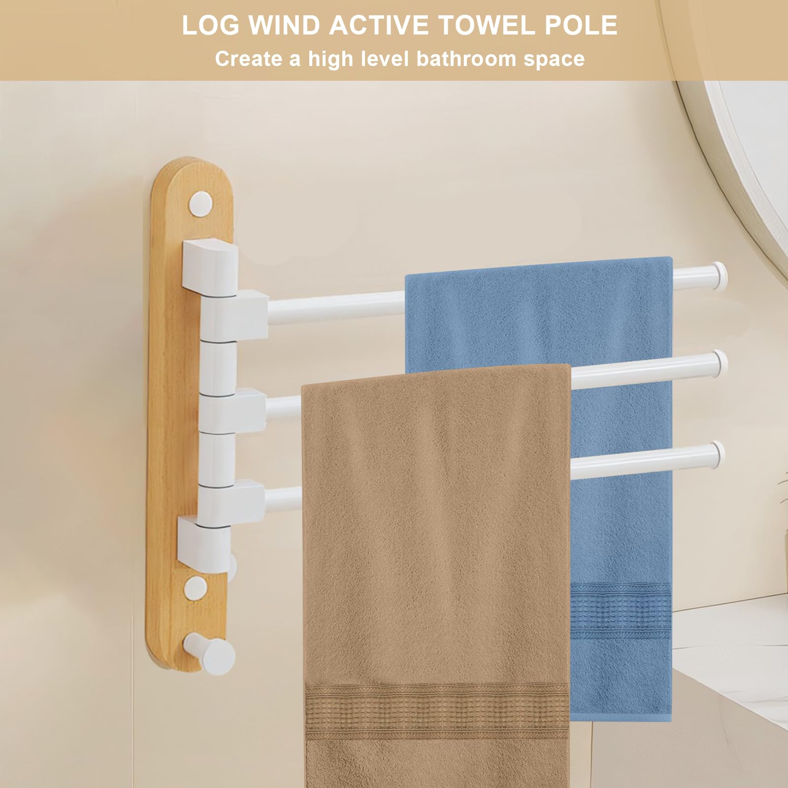 Swivel Towel Rack, Towel Bar with Wall Mounted 180° Rotation, 4-Arms Towel Hanger Beech + Space Aluminum, Space Saving for Kitchen/Bathroom No-Punch/Punch Holes Dual Use (4- Arms)