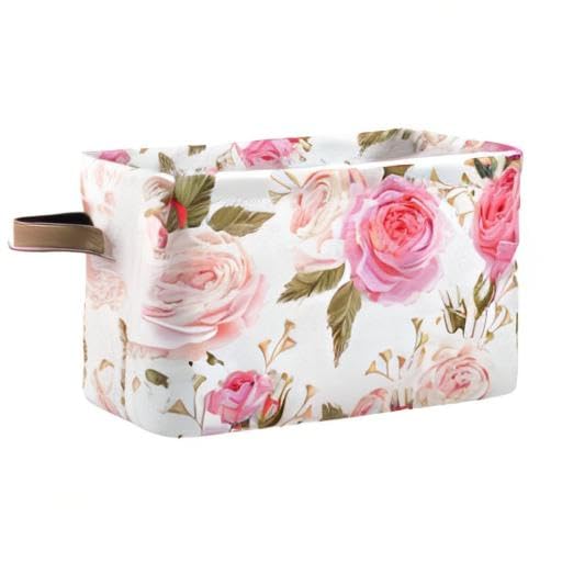 susiyo Large Foldable Storage Bin Floral Pink Roses Fabric Storage Baskets Collapsible Decorative Baskets Organizing Basket Bin with PU Handles for Shelves Home Closet Bedroom Living Room-1Pack