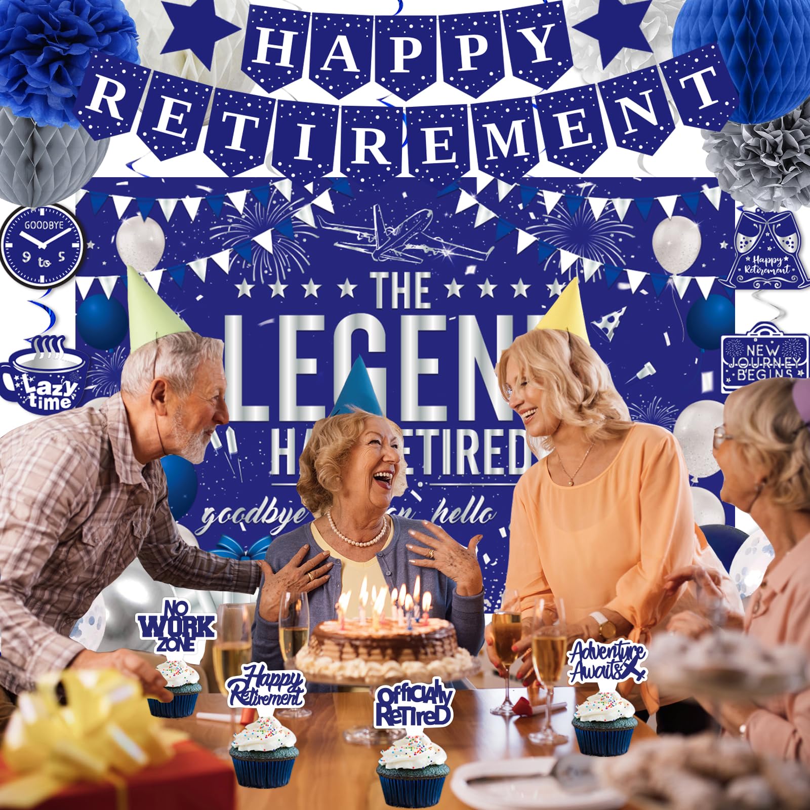 Retirement Party Decorations Blue Silver Happy Retirement Decorations for Men Women, Happy Retirement Banner, Retired Backdrop, Balloons, Pompoms, Hanging Swirl, Retirement Card, Cake Topper Set 54pcs