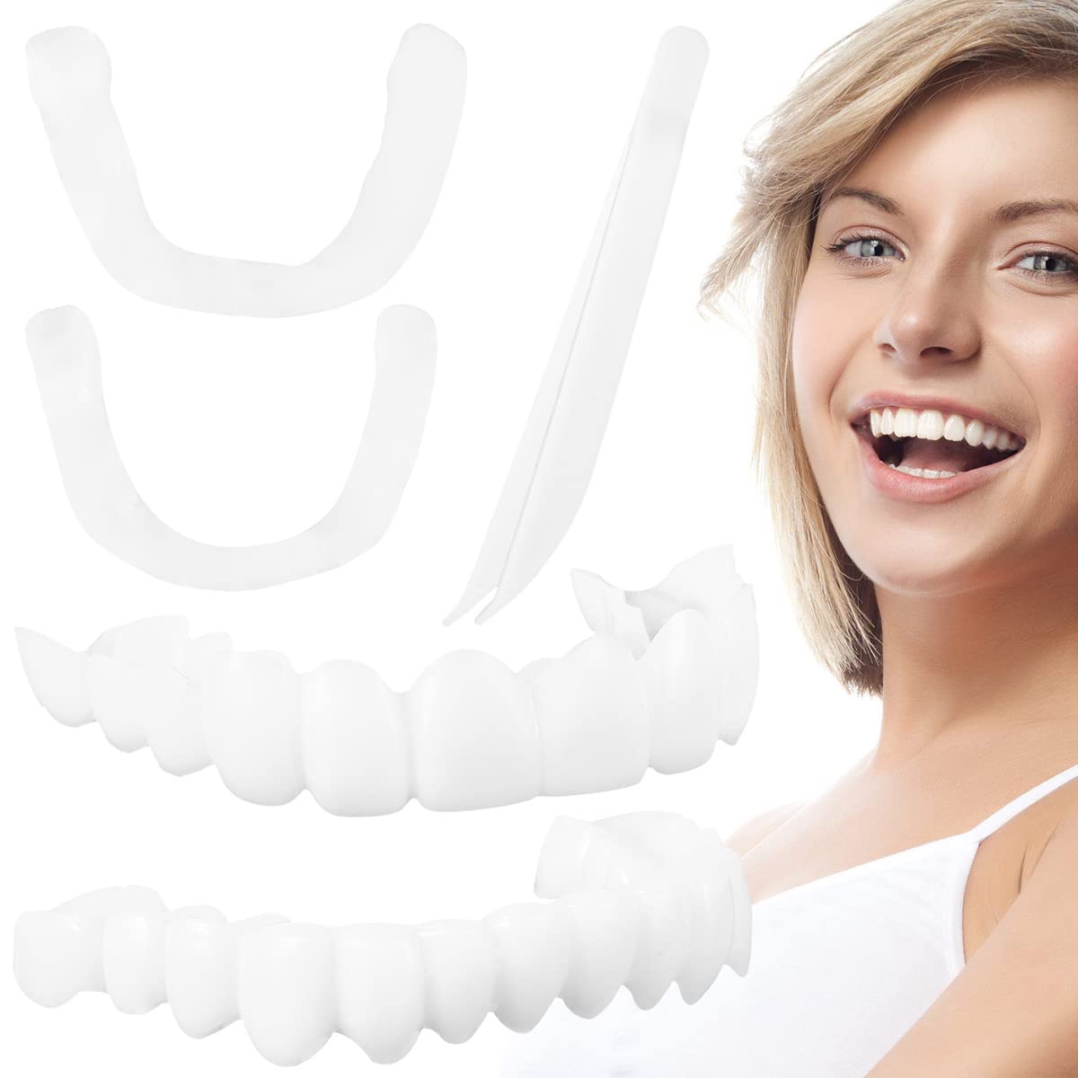 NUAHRHY Denture Braces Temporary Veneers Fake Teeth Cover Simulation Braces Cosmetic Comfortable Denture False Fake Teeth Cover Confidence Smile for Women and Men (White)