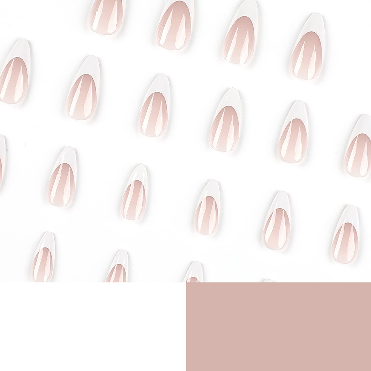 French Tip Press on Nails Long Almond Fake Nails White Tip(wide tip)Nude Pink Glossy Acrylic False Nails Kit for Women Girls Artificial Nails 24 Pcs