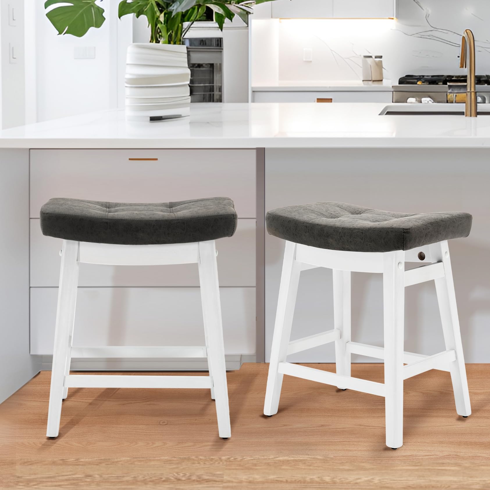 RNKSFX Counter Height Bar Stools Set of 2 for Kitchen Counter Modern Backless Barstools with Upholstered Faux Leather Seat and Solid Wood Legs Farmhouse 24 inch Bar Chairs, Grey + White