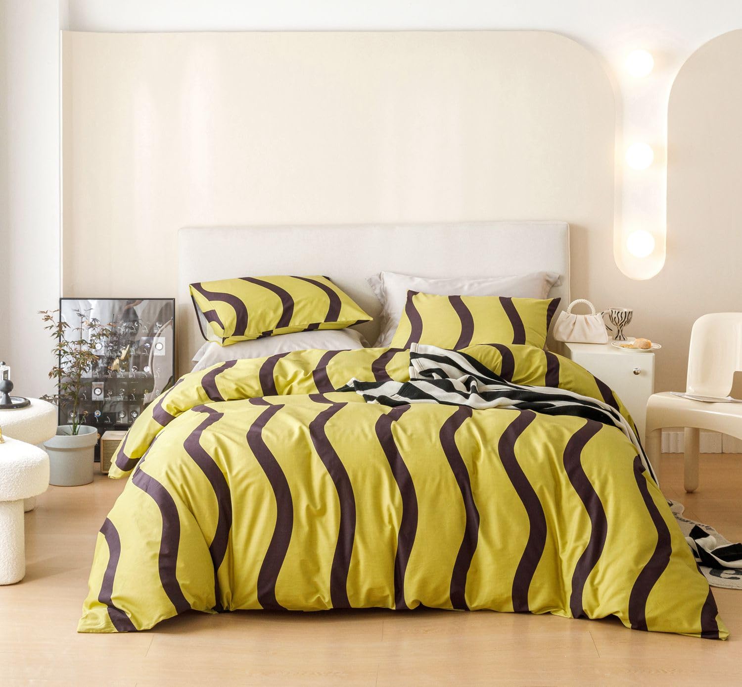 SUSYBAO Queen Size Duvet Cover 100% Cotton Yellow Green Striped Duvet Cover 3 Pieces Set 1 Brown Wavy Stripe Duvet Cover with Zipper Ties 2 Pillowcases Soft Vintage Aesthetic Geometric Bedding