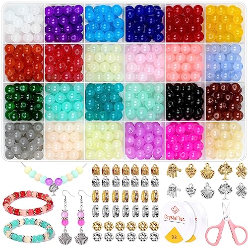 shynek 753 Pieces Glass Beads Bracelet Making Kit, 24 Color Glass Beads for Jewelry Making with Spacer Beads, Bail Tube Beads, Charms and Elastic String for Bracelets